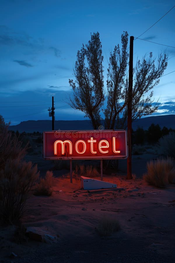 Neon Motel Sign Illuminated at Dusk in Desert Landscape Stock Image ...