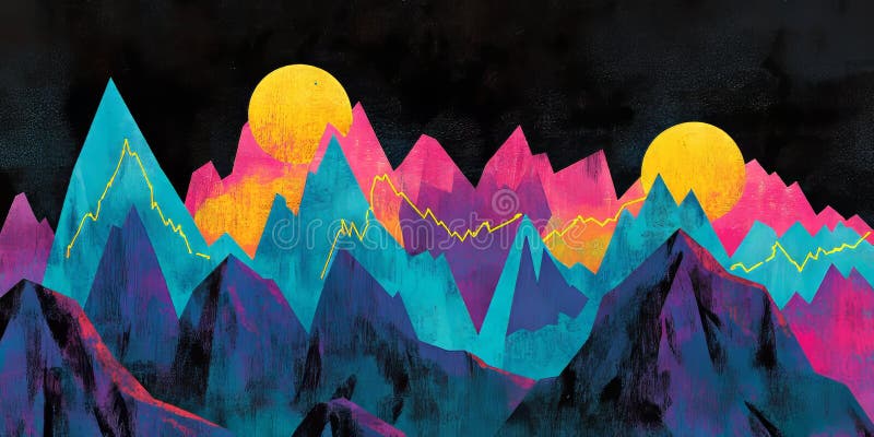 Neon Mountain Range, Abstract Vector Graphic with Stylized Financial ...