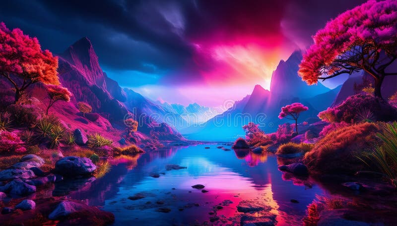 Neon Mountain Scenery Sunrise in Mountains Stock Illustration ...