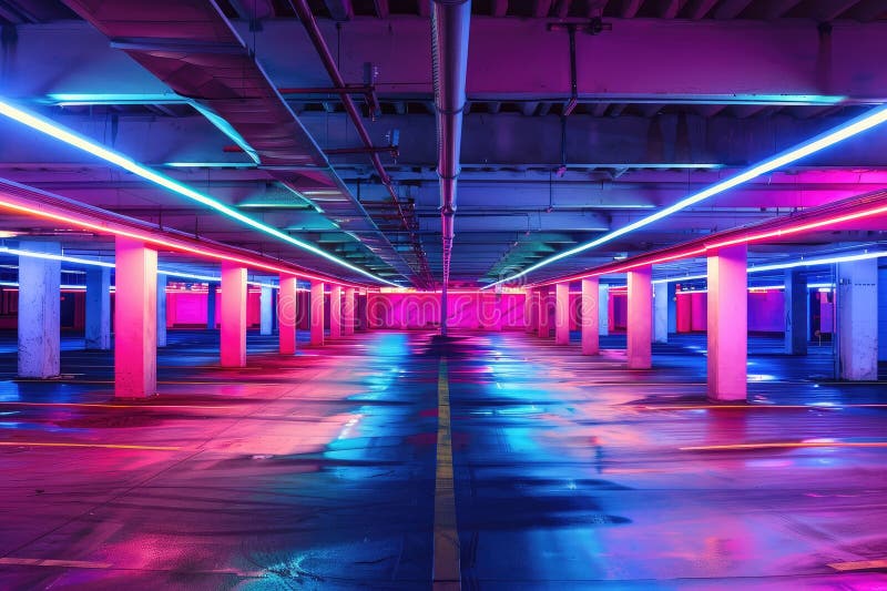 Neon Multi-level Underground Parking in a Shopping Center. Modern ...