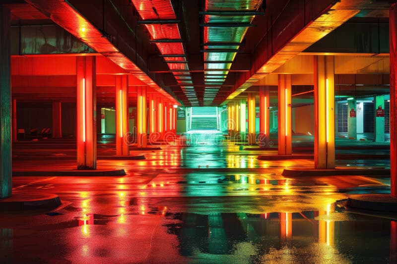 Neon Multi-level Underground Parking in a Shopping Center. Modern ...