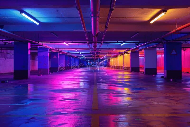 Neon Multi-level Underground Parking in a Shopping Center. Modern ...