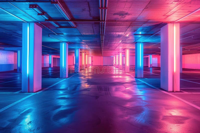 Neon Multi-level Underground Parking in a Shopping Center. Modern ...