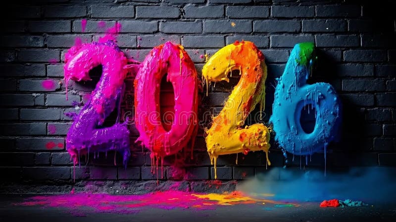 Neon Multicolor Graffiti 2026 Numbers with Dripping Effect Stock ...