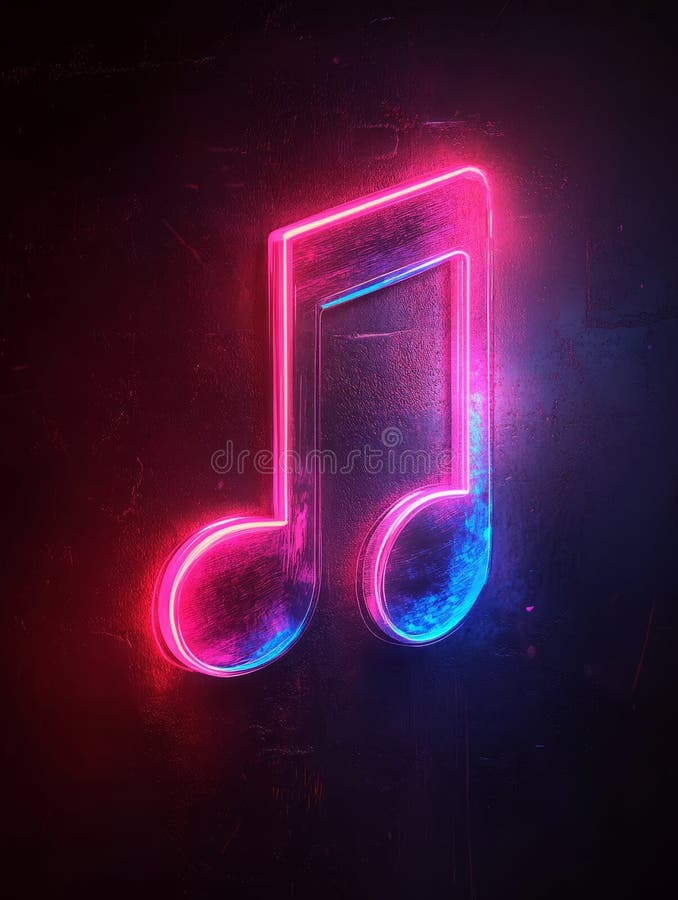 Neon Music Note Glowing in Blue and Pink on a Dark Background. Stock ...