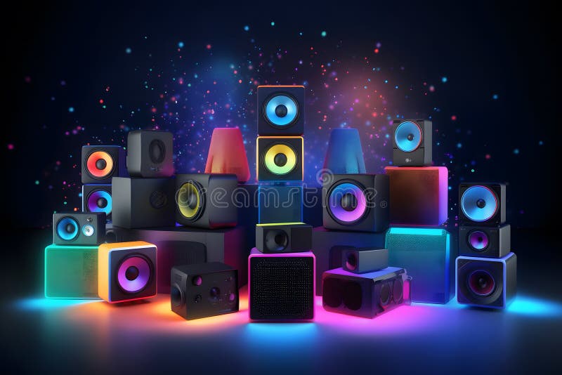 Neon Music Speakers on Black Background. Neural Network AI Generated ...