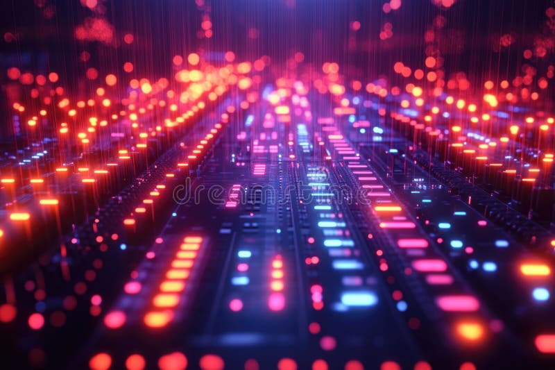 Neon Music Tech Background with Light Dots, Equalizer Waves, and Futu ...