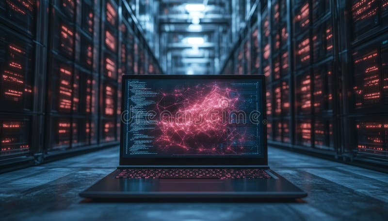 Neon Network Node Futuristic Laptop with Glowing Network Map in a Dark ...