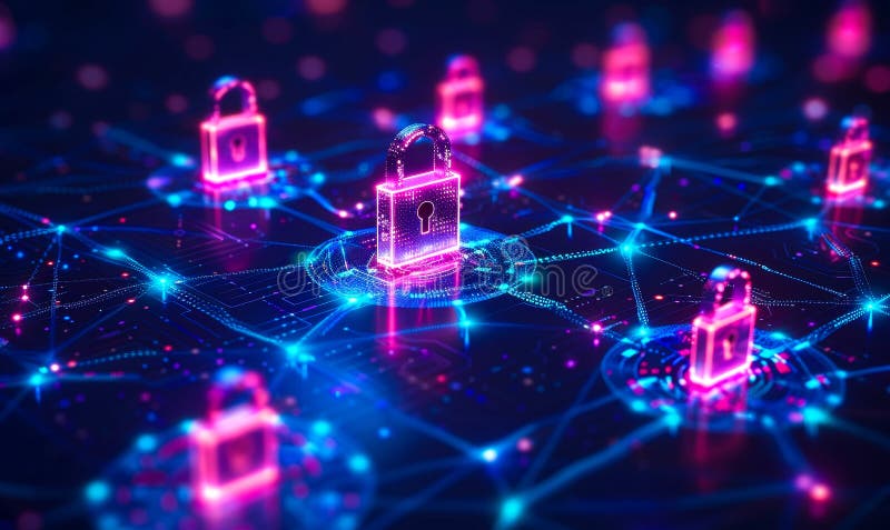 Neon Network Security Concept with Glowing Connected Padlocks and ...