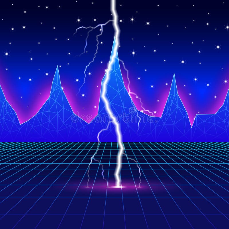 Neon New Retro Wave Computer Landscape with Lightning Stock Vector ...