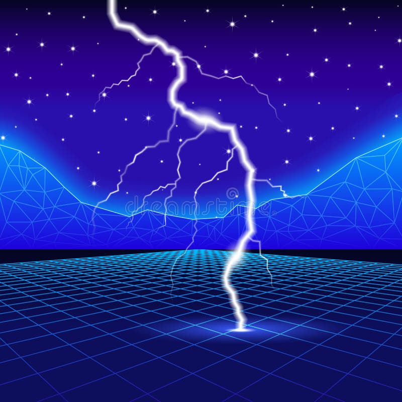 Neon New Retro Wave Computer Landscape with Lightning Stock Vector ...