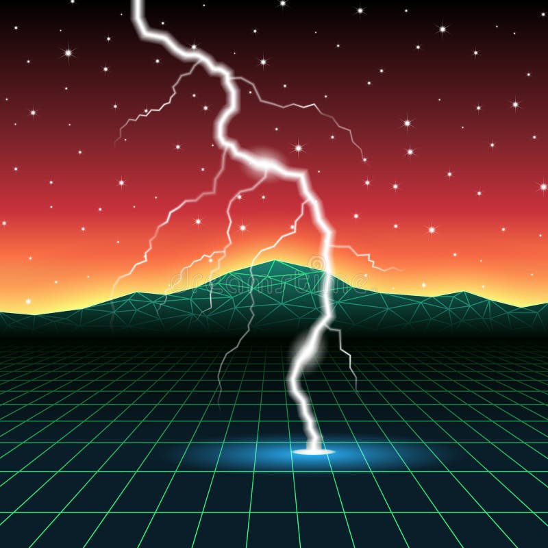 Neon New Retro Wave Computer Landscape with Lightning Stock Vector ...
