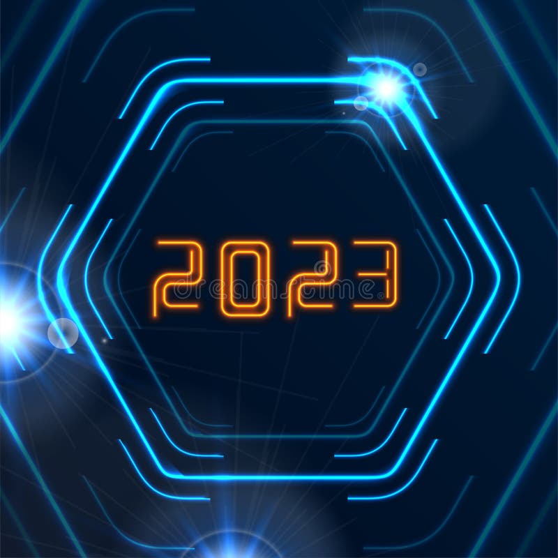 Neon New Year 2023 and Tech Hexagons Abstract Background Stock Vector ...