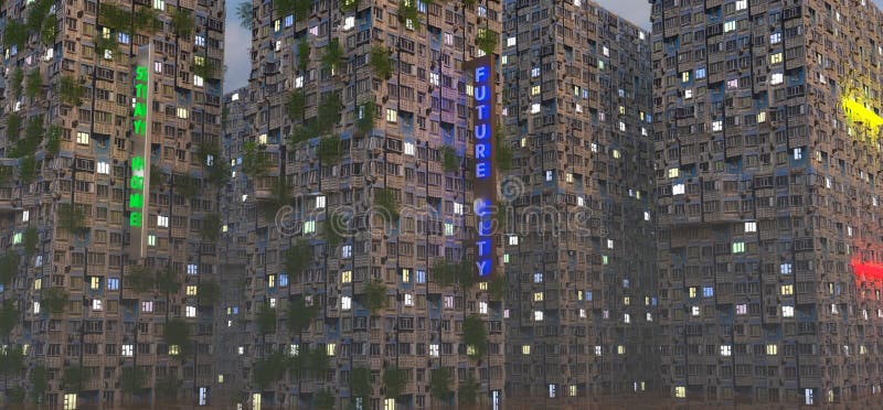 Neon Night in a Futuristic City. 3d Rendering Stock Illustration ...