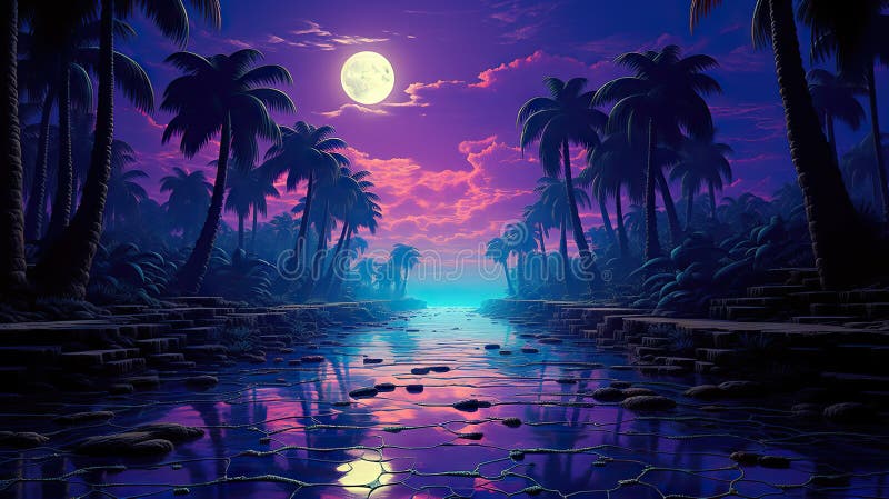 Neon Nocturne Retro 1980s 1990s 3D Computer Graphics Render Landscape ...