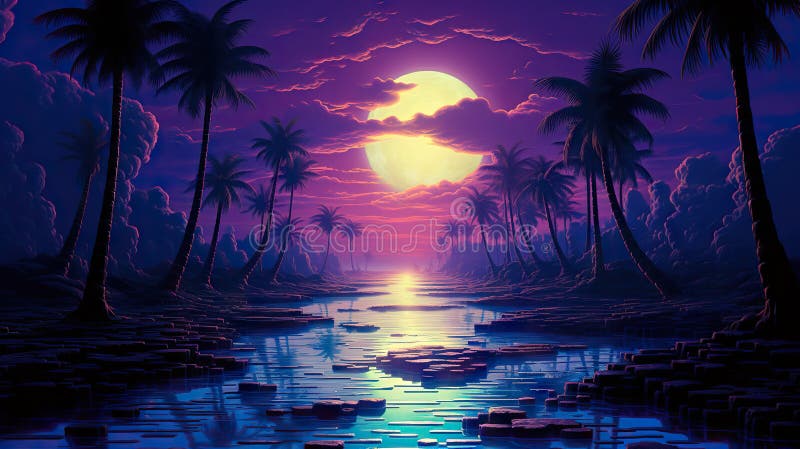Neon Nocturne Retro 1980s 1990s 3D Computer Graphics Render Landscape ...