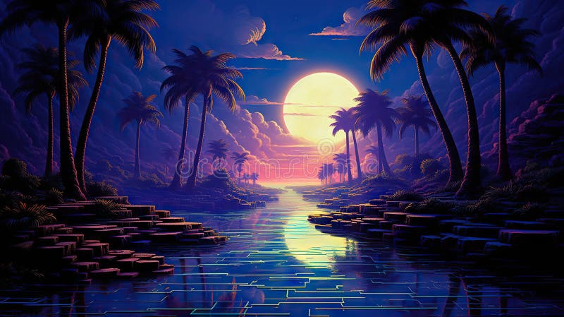 Neon Nocturne Retro 1980s 1990s 3D Computer Graphics Render Landscape ...