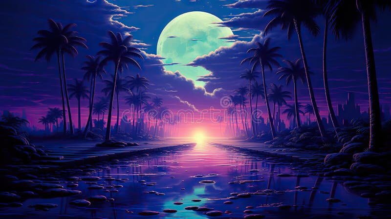 Neon Nocturne Retro 1980s 1990s 3D Computer Graphics Render Landscape ...