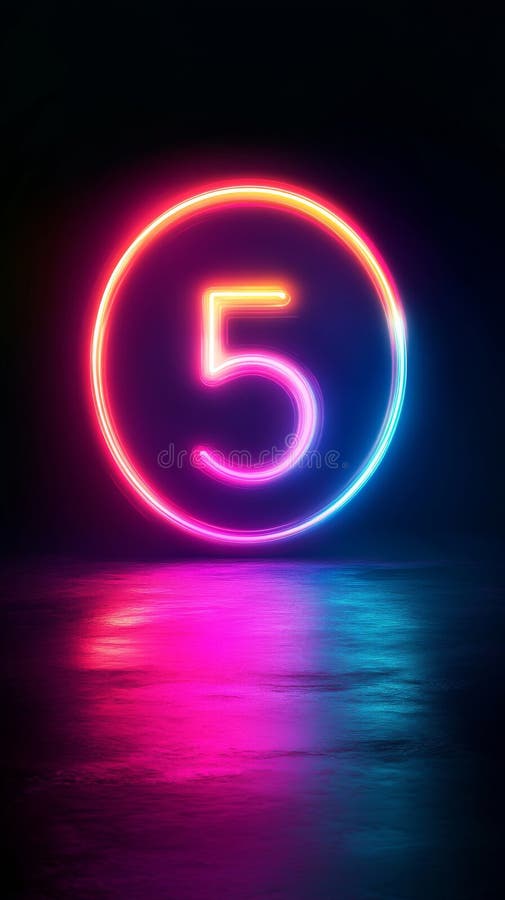Neon Number Five Reflected on a Dark Wet Surface Stock Image - Image of ...