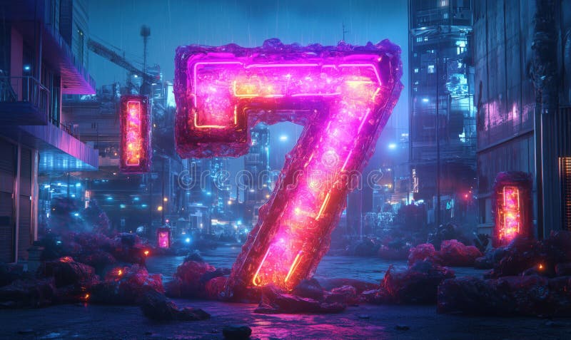 Neon Number 7 in Futuristic Urban Environment with Glowing Effects and ...