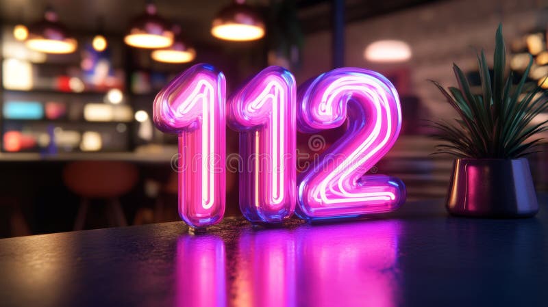 Neon Number 112 Glowing in the Dark Interior. Three-dimensional Neon ...