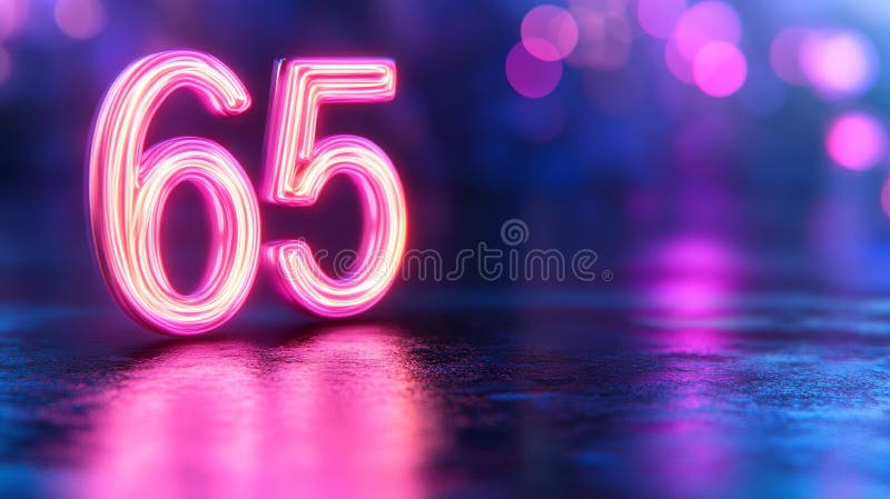 Neon Number 65, Glowing Pink Neon Sign on a Dark Background. Three ...
