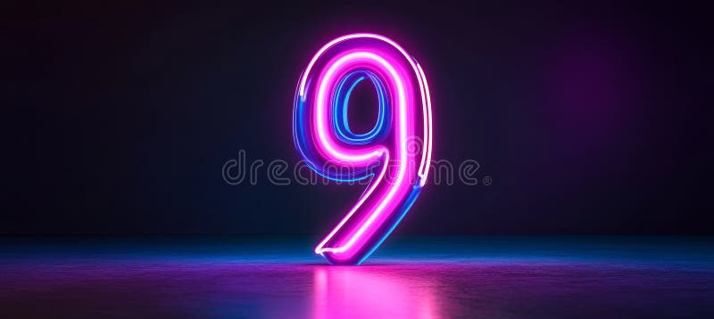 Neon Number 9, Glowing Purple and Blue Neon Light, on the Floor with ...