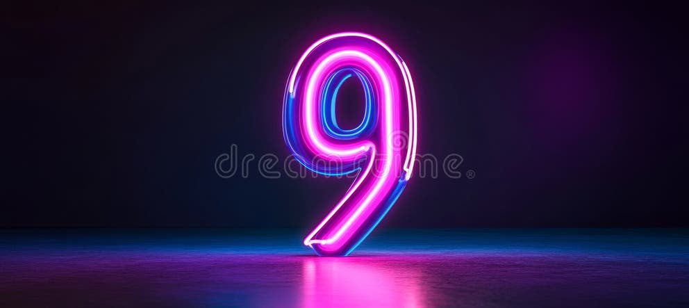 Neon Number 9, Glowing Purple and Blue Neon Light, on the Floor with ...