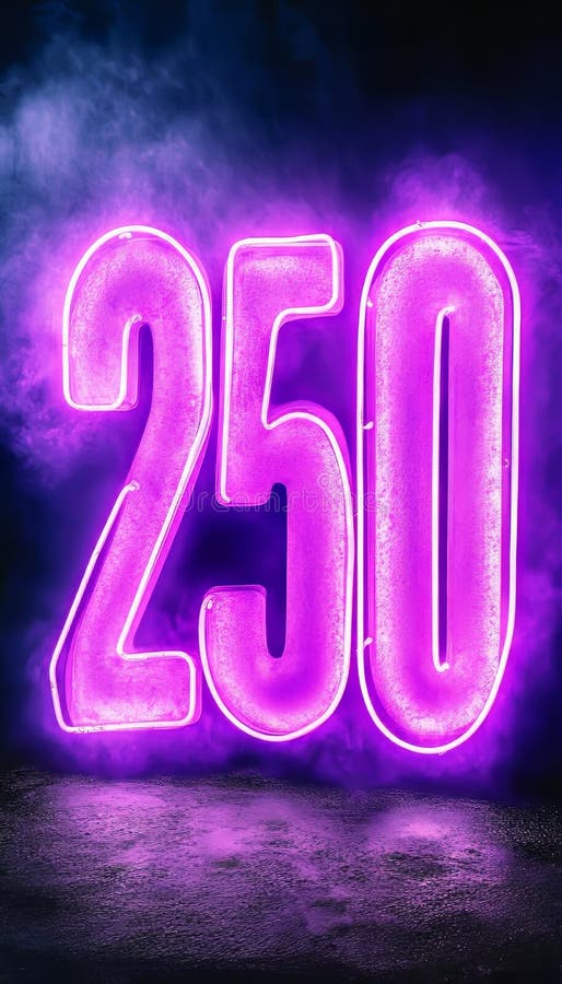 Neon Number 250, Glowing Purple Neon Sign on a Brick Wall with Smoke ...