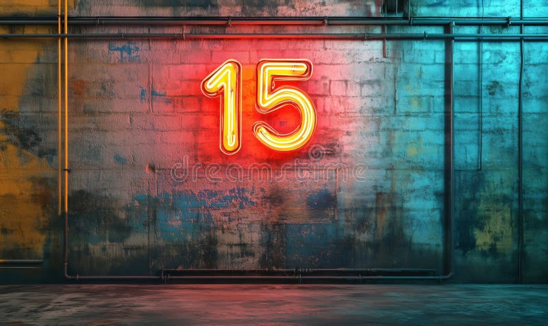 Neon Number 15 Glowing on Textured Wall with Colorful Lighting Effects ...