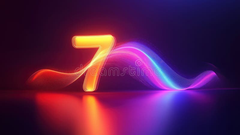 Neon Number 7 Illuminated with Colorful Light Waves in Dark Background ...