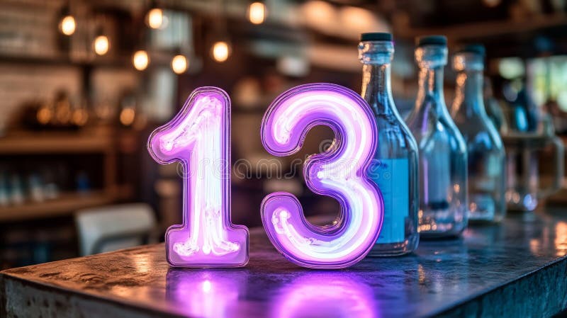 Neon Number 13. Luminous Purple Neon Light Number Thirteen on a Bar ...
