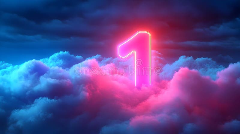 Neon Number One in Clouds 3D Illustration Stock Illustration ...