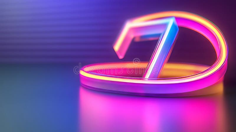 Neon Number Seven Shaped 3D Object on Reflective Background. Colorful ...