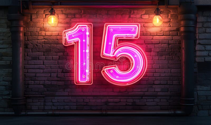 Neon Number 15 Sign Glowing on Brick Wall with Industrial Lighting ...