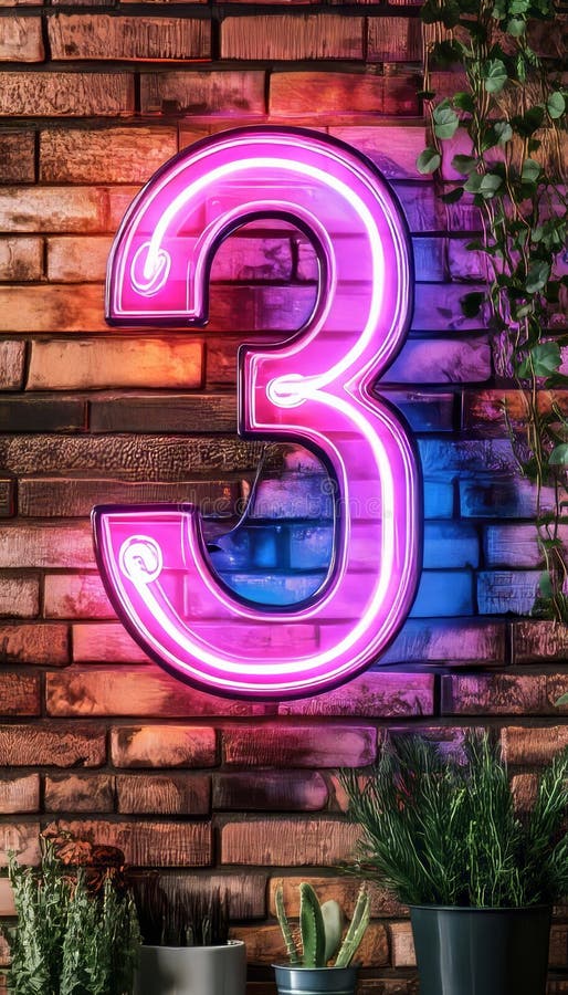 Neon Number 3 Sign on a Rustic Brick Wall Background, Illuminating the ...
