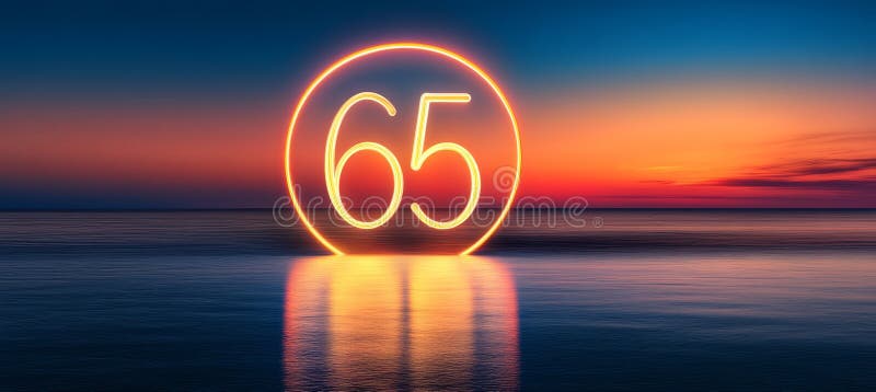 Neon Number 65, Number Sixty-Five in Neon Light on the Coast at Sunset ...