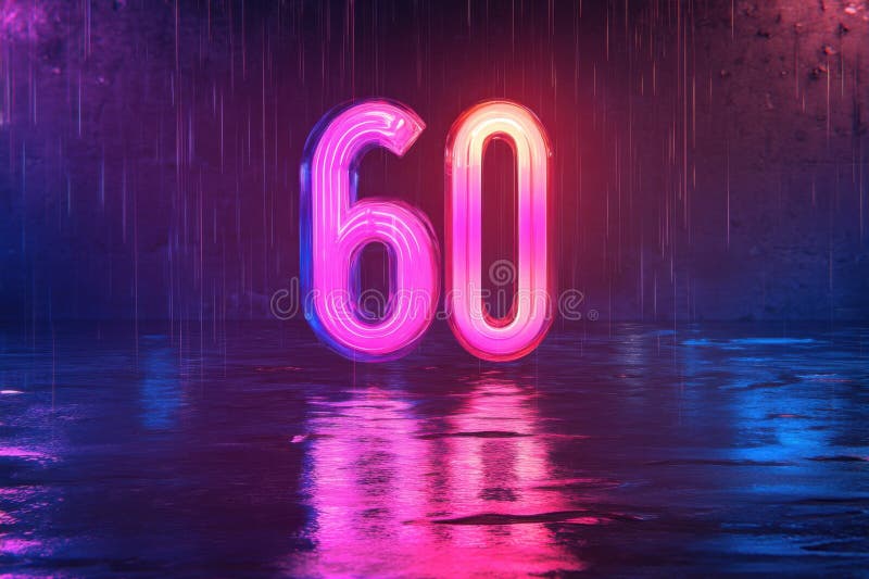 Neon Number Sixty Reflection in Rainy Urban Scene Stock Illustration ...
