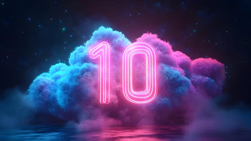 Neon Number Ten 3D Render - Blue and Pink Clouds Stock Illustration ...