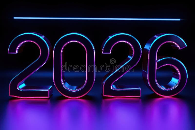 2026 Neon Numbers in Blue and Pink on Reflective Surface Stock ...