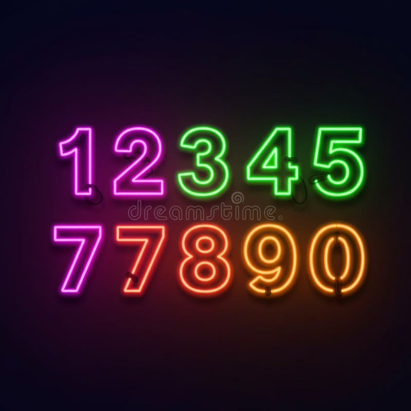 Neon Numbers from 0 To 9 Displayed in Two Rows. the Top Row Features ...