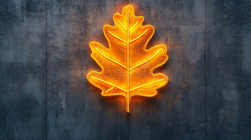 Neon Oak Leaf Sign with Glowing Orange Light on Dark Wall. Stock Photo ...