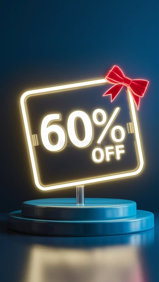 Neon 60 Off Sign in Glowing Frame with Red Bow, Circular Platform, Deep ...