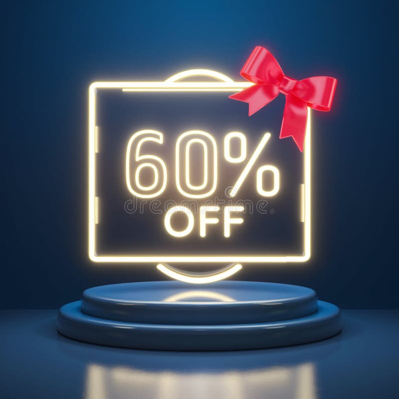 Neon 60 Off Sign with Red Bow on Circular Platform, Deep Blue ...