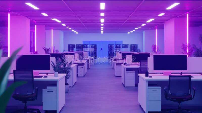 Neon Office Space Rows of Desks and Computers Under Violet and Blue ...