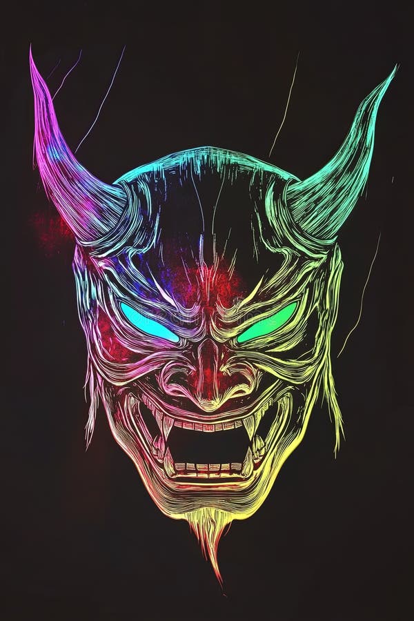 Neon Oni Mask: Japanese Demon Art Stock Illustration - Illustration of ...
