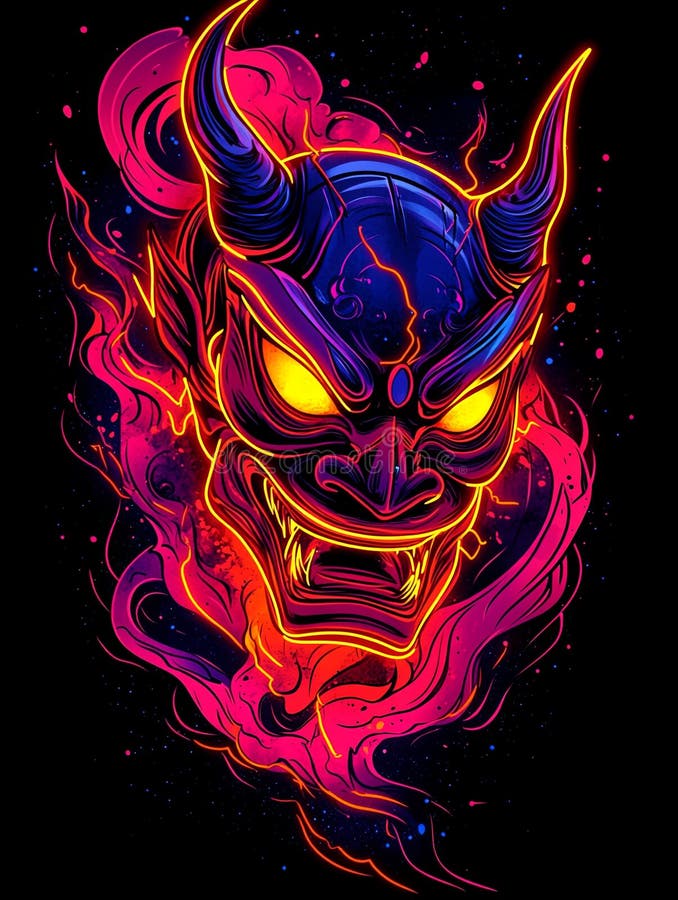 Neon Oni Mask: Fiery Japanese Demon Art Stock Illustration ...