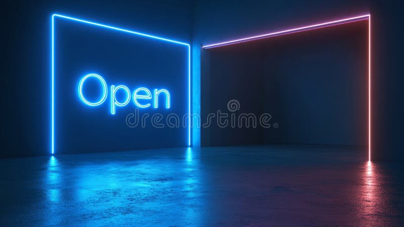 Neon Open Sign with Blue and Pink Lights in Dark Room. Stock Photo ...