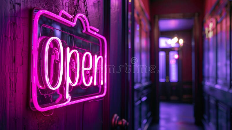 Neon Open Sign Glowing in a Dimly Lit Hallway. Stock Photo - Image of ...