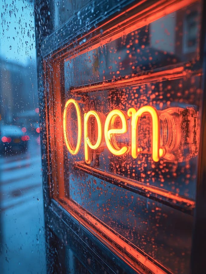 Neon Open Sign Glowing Wet Window Rainy Evening Stock Photos - Free ...